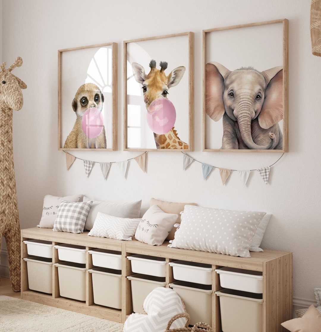 Triptych Poster Set, Safari Animals With Bubble Gum, Giraffe, Elephant ...