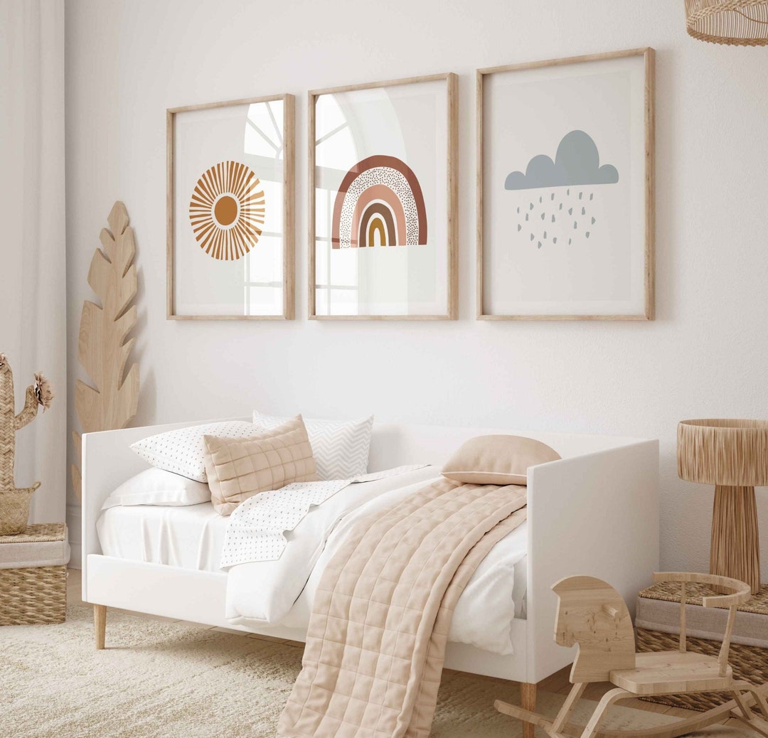 Triptych Poster Set, Sun, Rainbow, Cloud, Rain, Kids Room Poster ...