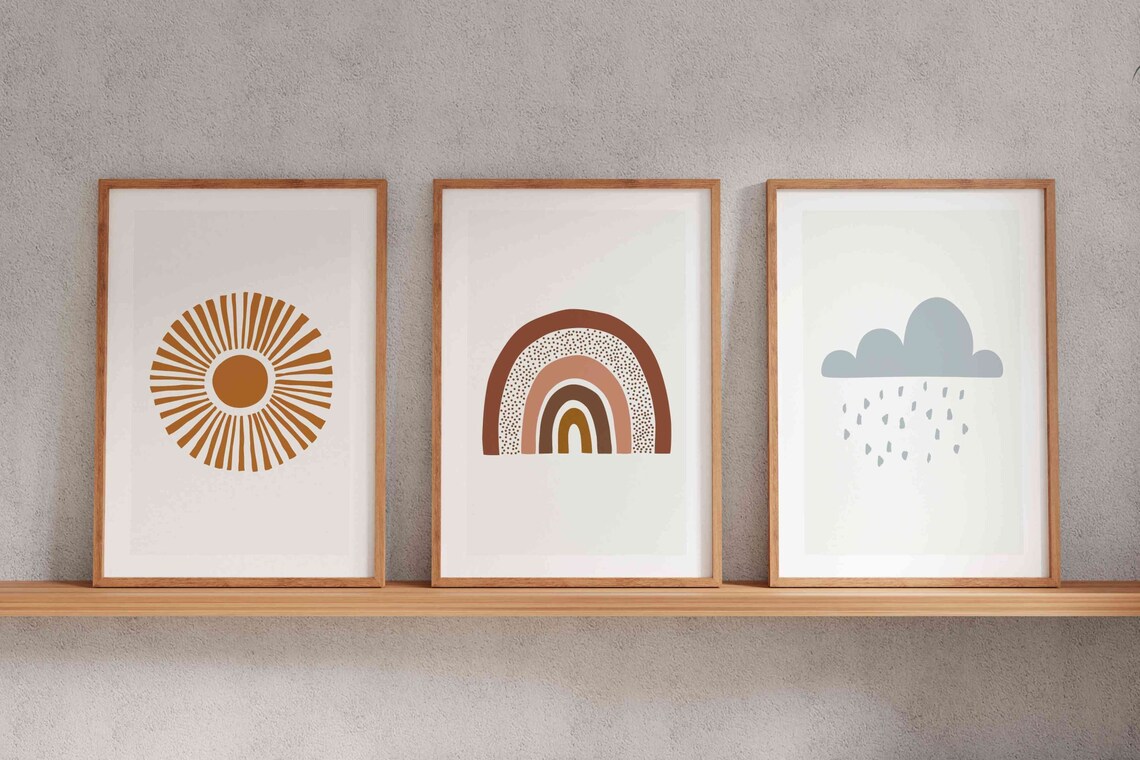 Triptych Poster Set, Sun, Rainbow, Cloud, Rain, Kids Room Poster ...