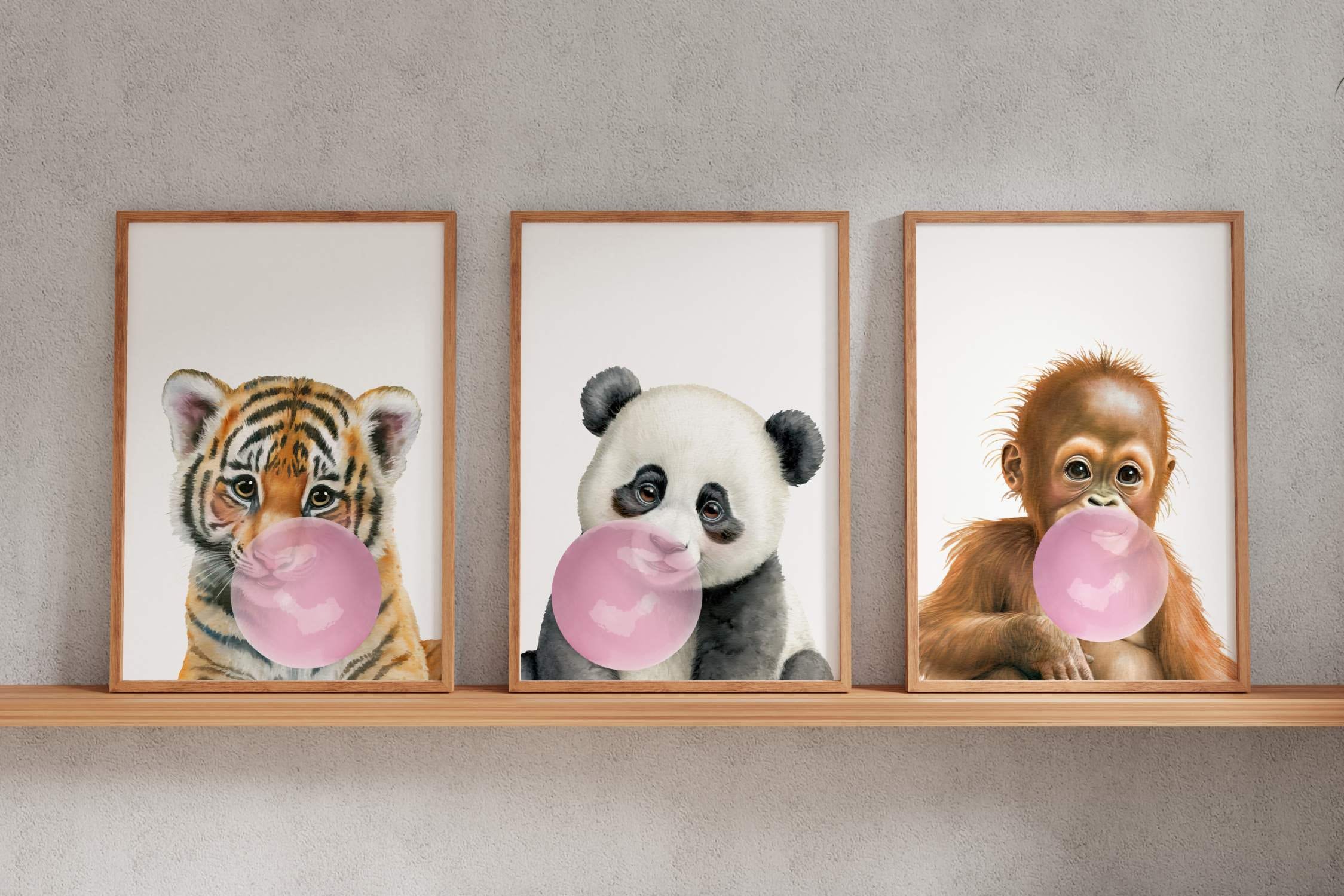 Triptych Poster Set, Safari Animals With Bubble Gum, Tiger, Monkey ...