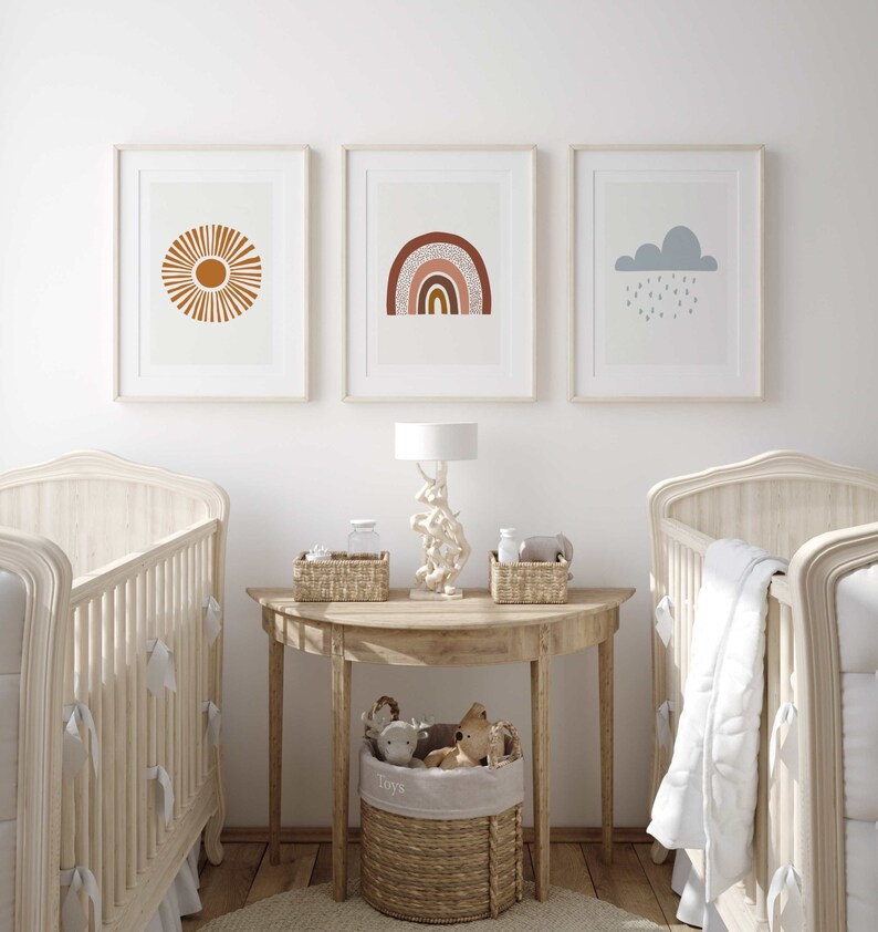 Triptych Poster Set, Sun, Rainbow, Cloud, Rain, Kids Room Poster ...