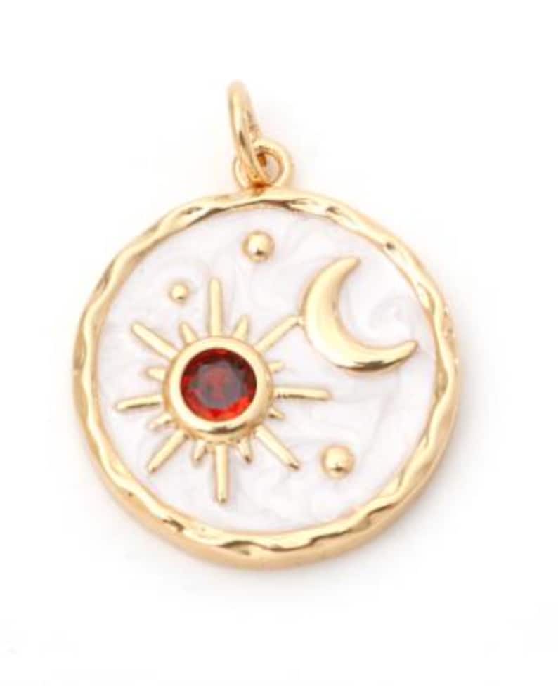 18K Gold Round Celestial Sun and Moon White Enamel Ruby Charm - Etsy