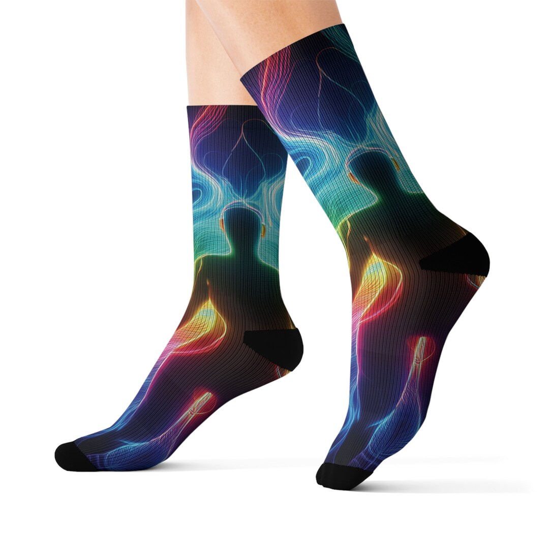 Electric Stride: Rainbow Socks With Bold Silhouette Design Sublimation ...