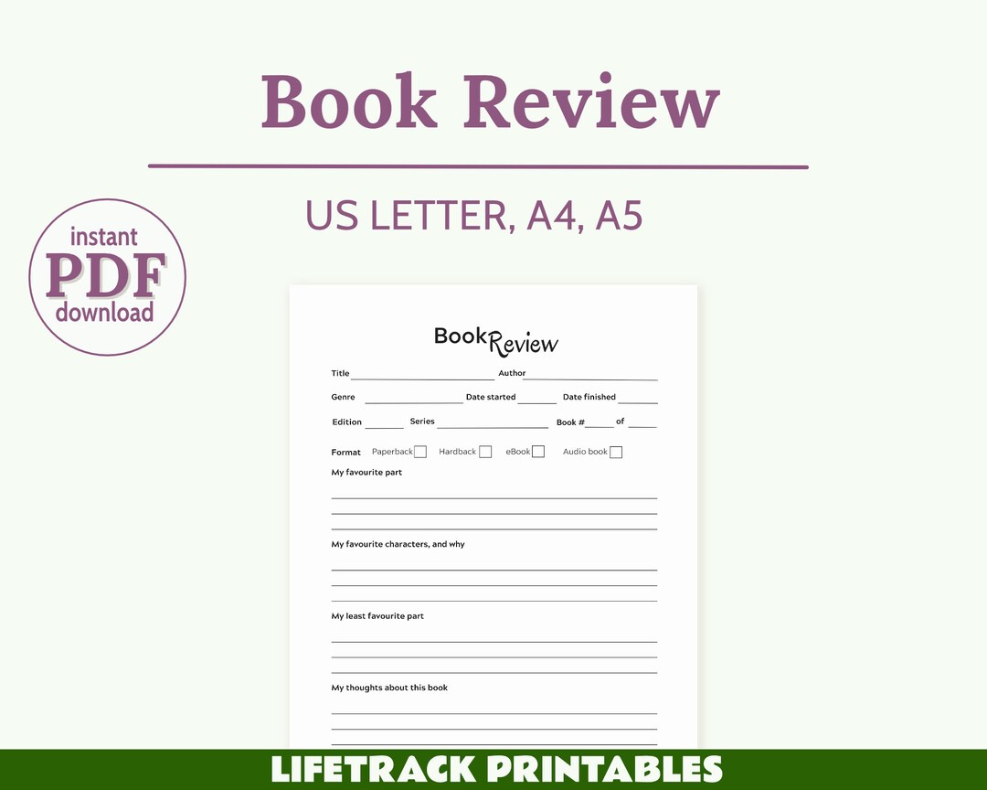 Printable Book Review PDF Instant Digital Download Personal Use ...