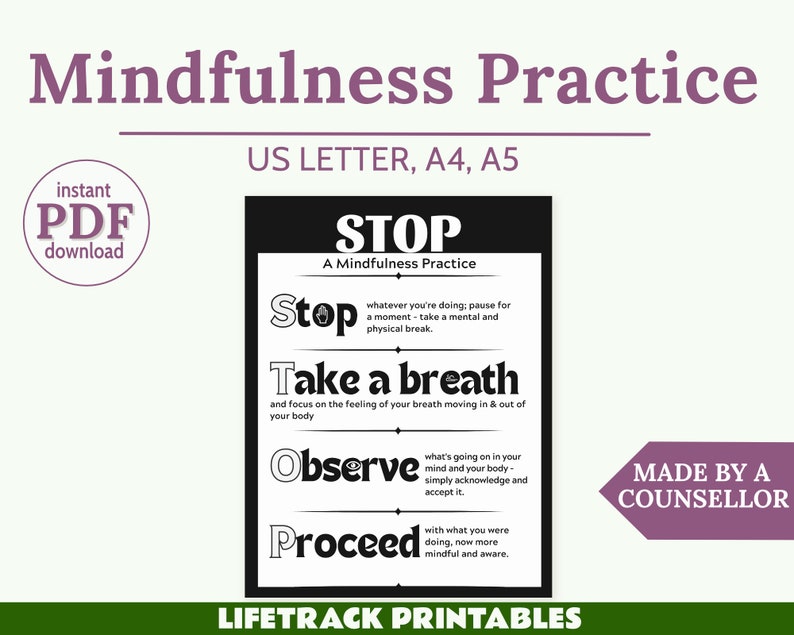 Printable Mindfulness Poster PDF Instant Digital Download STOP ...