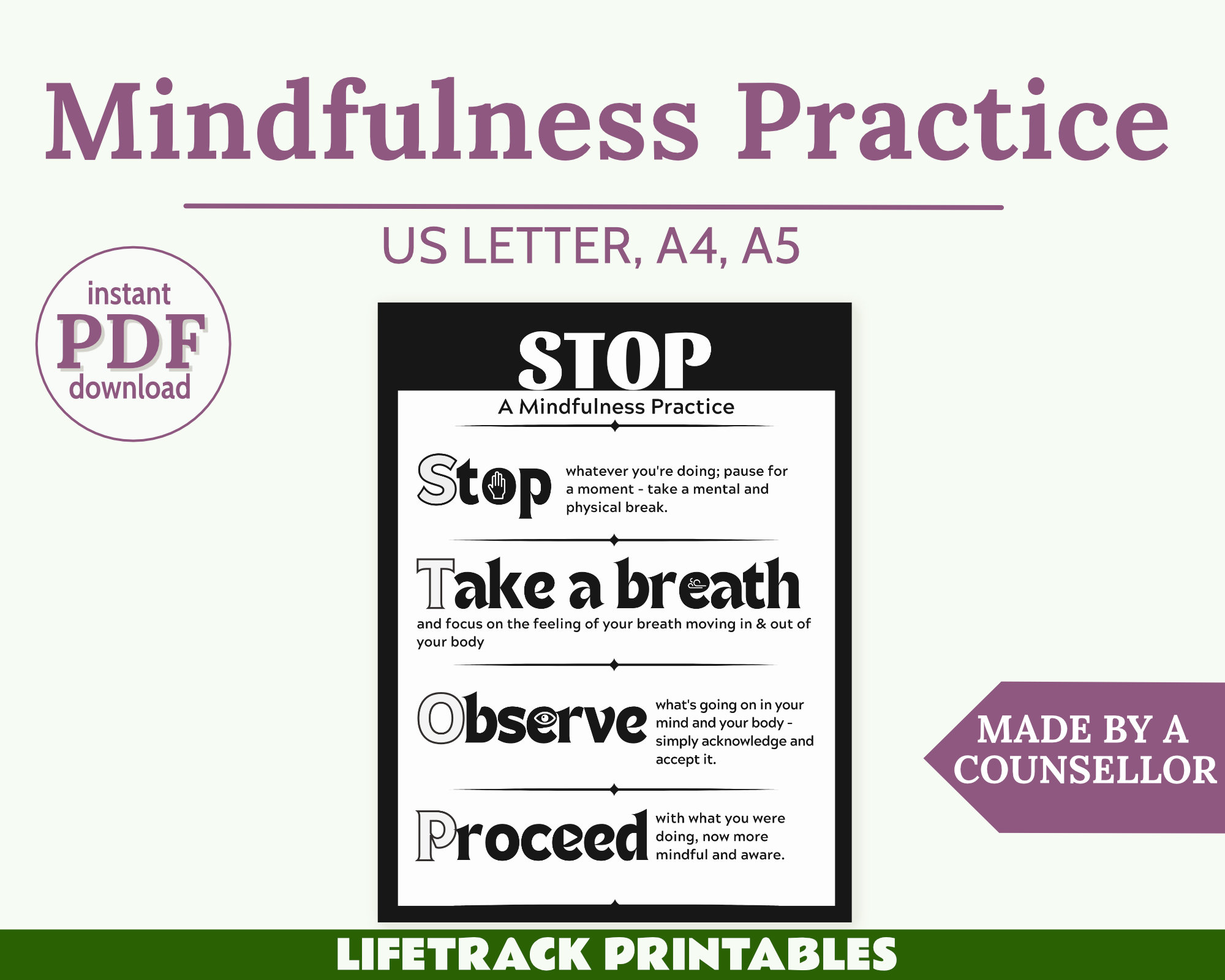 Printable Mindfulness Poster PDF Instant Digital Download STOP ...