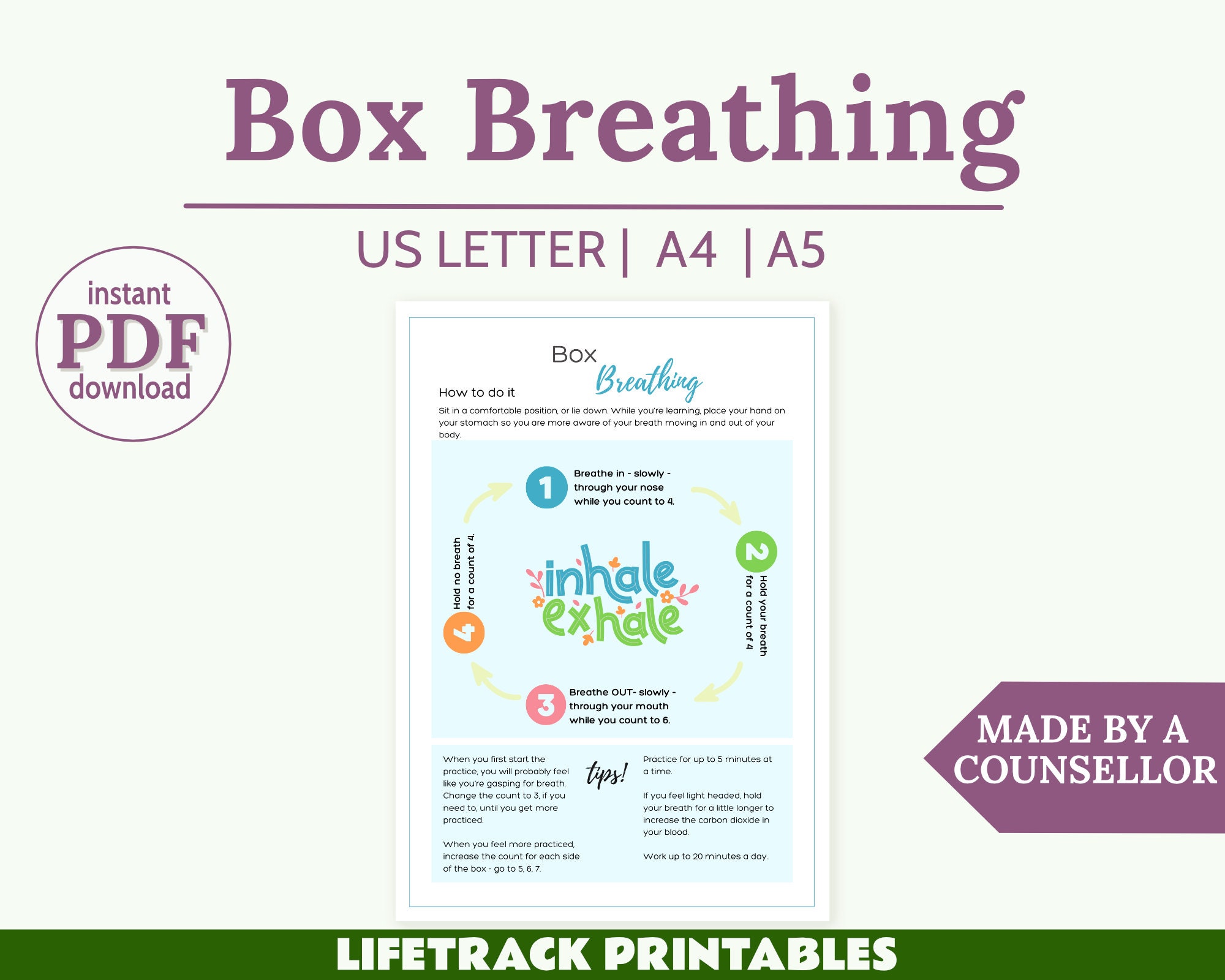 Box Breathing Poster PDF Instant Download Printable Stress Anxiety ...