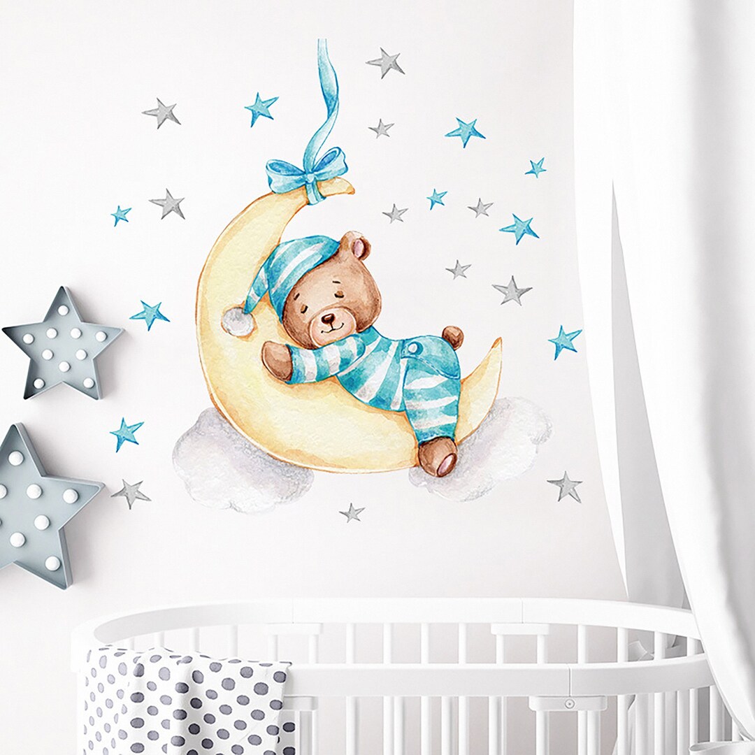 Moon Sleeping Bear Wall Decal, Blue Pajama Bear, Kids Bedroom Wall ...
