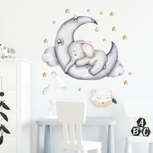 Moon Wall Decal, Cartoon Sleeping Elephant Wall Decal, Self Adhesive Wall Wall Decal, Star Decal ...