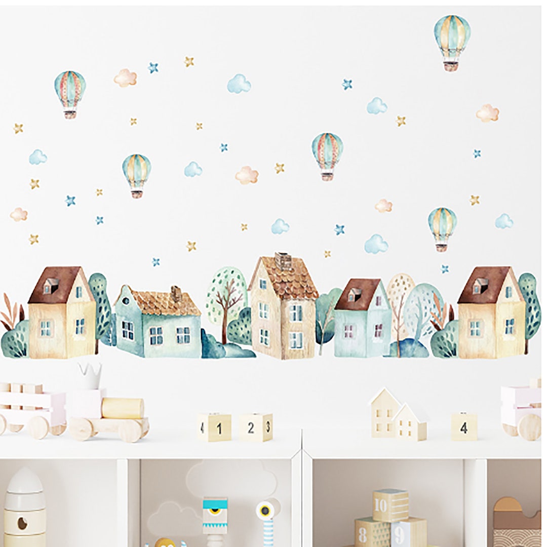 Cartoon Village Wall Stickers, Creative Hot Air Balloon Stickers ...