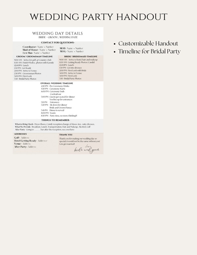 WEDDING PARTY TIMELINE Print Out - Etsy