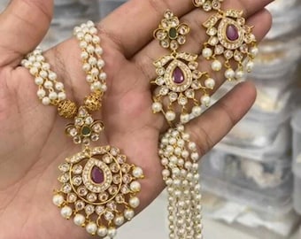 Kundan Necklace CZ Diamond Jewelry Set Gold Plated Jewelry White Pearl Necklace Three Layered ...