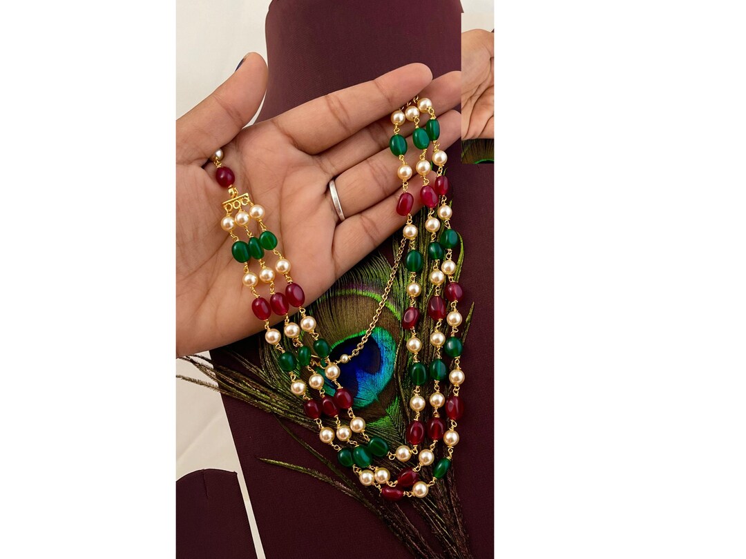 Gold Pearl Long Mala Necklace/ South Jewelry/ Ruby Green Beaded ...