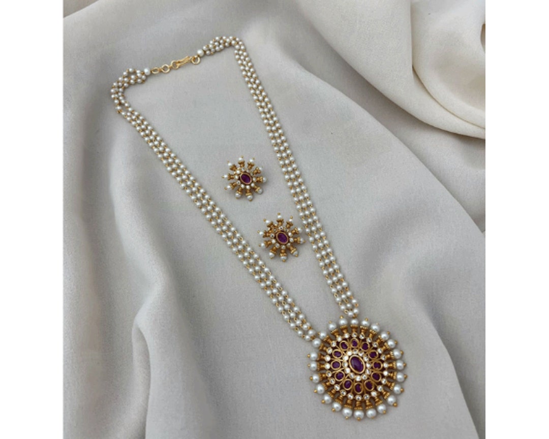 Long Pearl Necklace Gold Necklace Indian Jewelry Ruby CZ Diamond ...