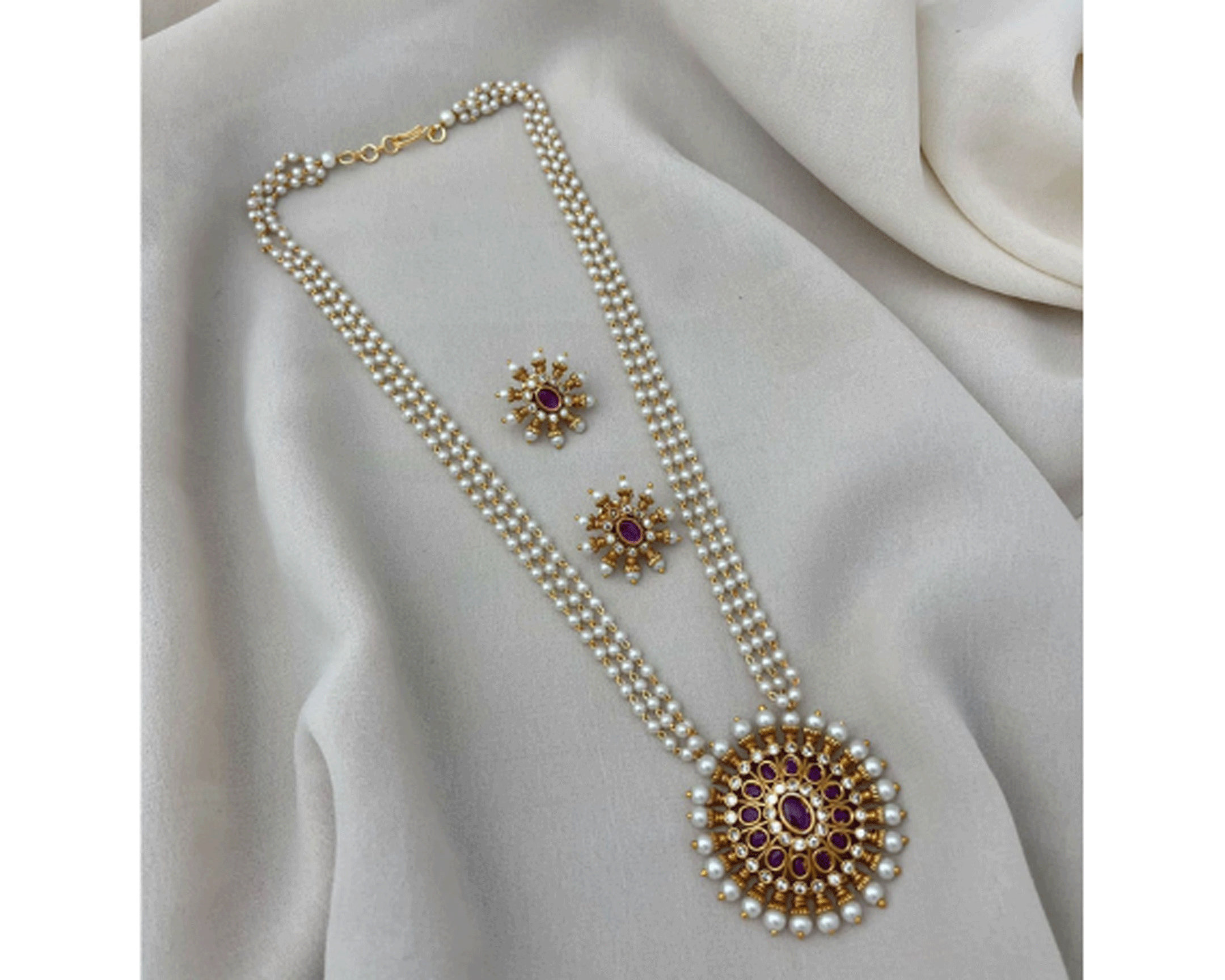 Long Pearl Necklace Gold Necklace Indian Jewelry Ruby CZ Diamond ...