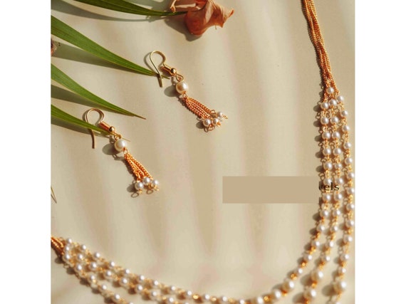 JaipurKarigari Three Layer Gold Pearl Necklace South Jewelry Temple Jewelry Indian Jewelry Statement Necklace Bridal Jewelry Wedding Necklace Set
