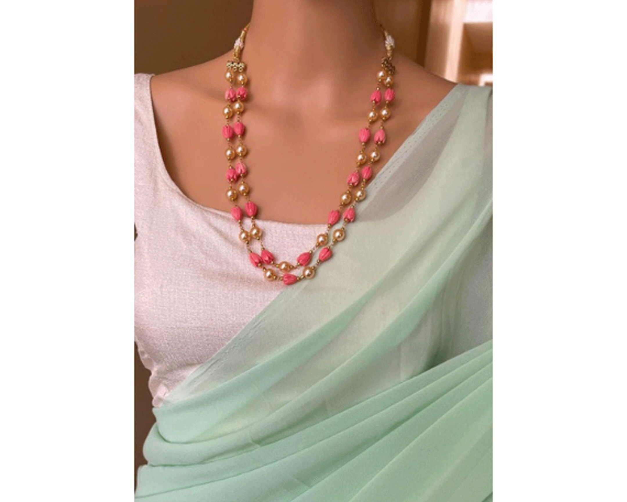 Three Layer Long Pearl Necklace With Tulip Beads Indian Jewelry Indian ...