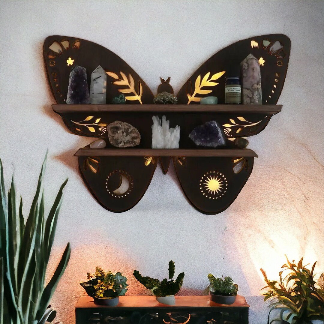 Luna Moth Butterfly Lamp Crystal Rack Moon Wood Shelf Wall - Etsy