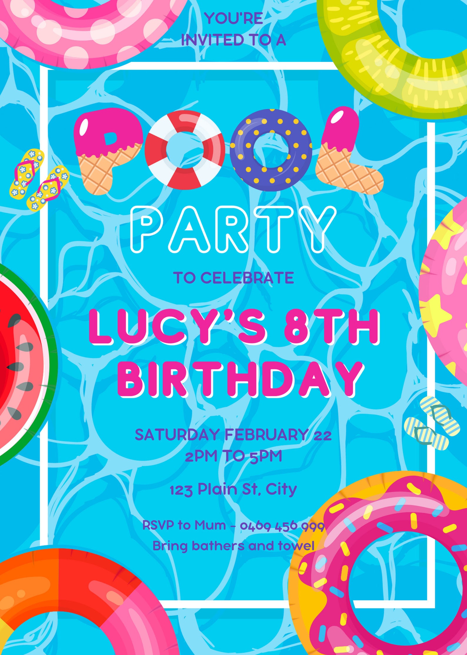 Kids Pool Party Birthday Invitation, Canva Editable Template, Pool ...