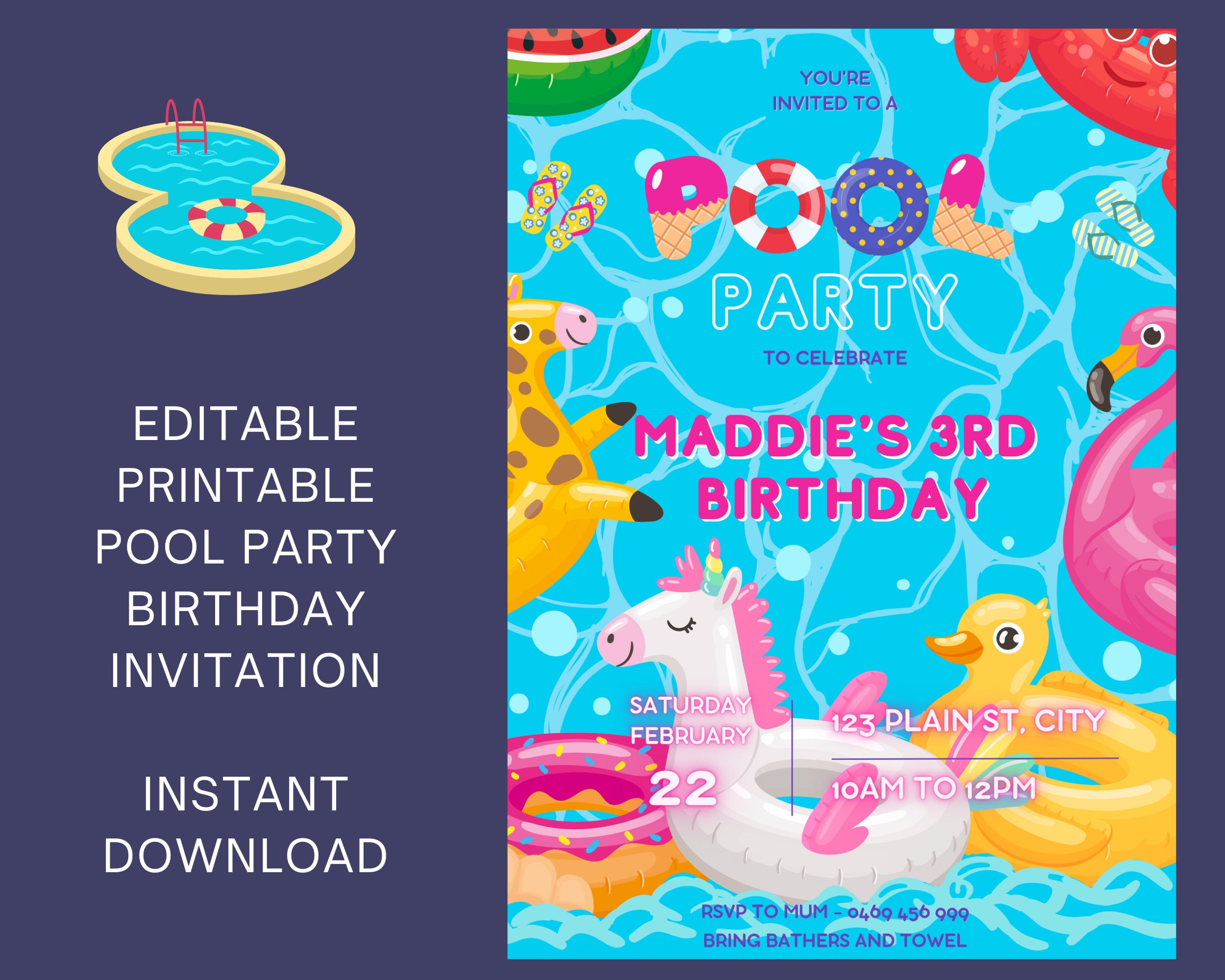 Kids Pool Party Birthday Invitation, Canva Editable Template, Pool ...