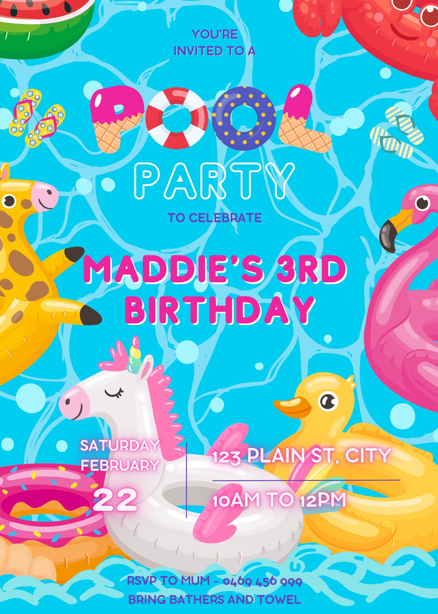 Kids Pool Party Birthday Invitation, Canva Editable Template, Pool ...