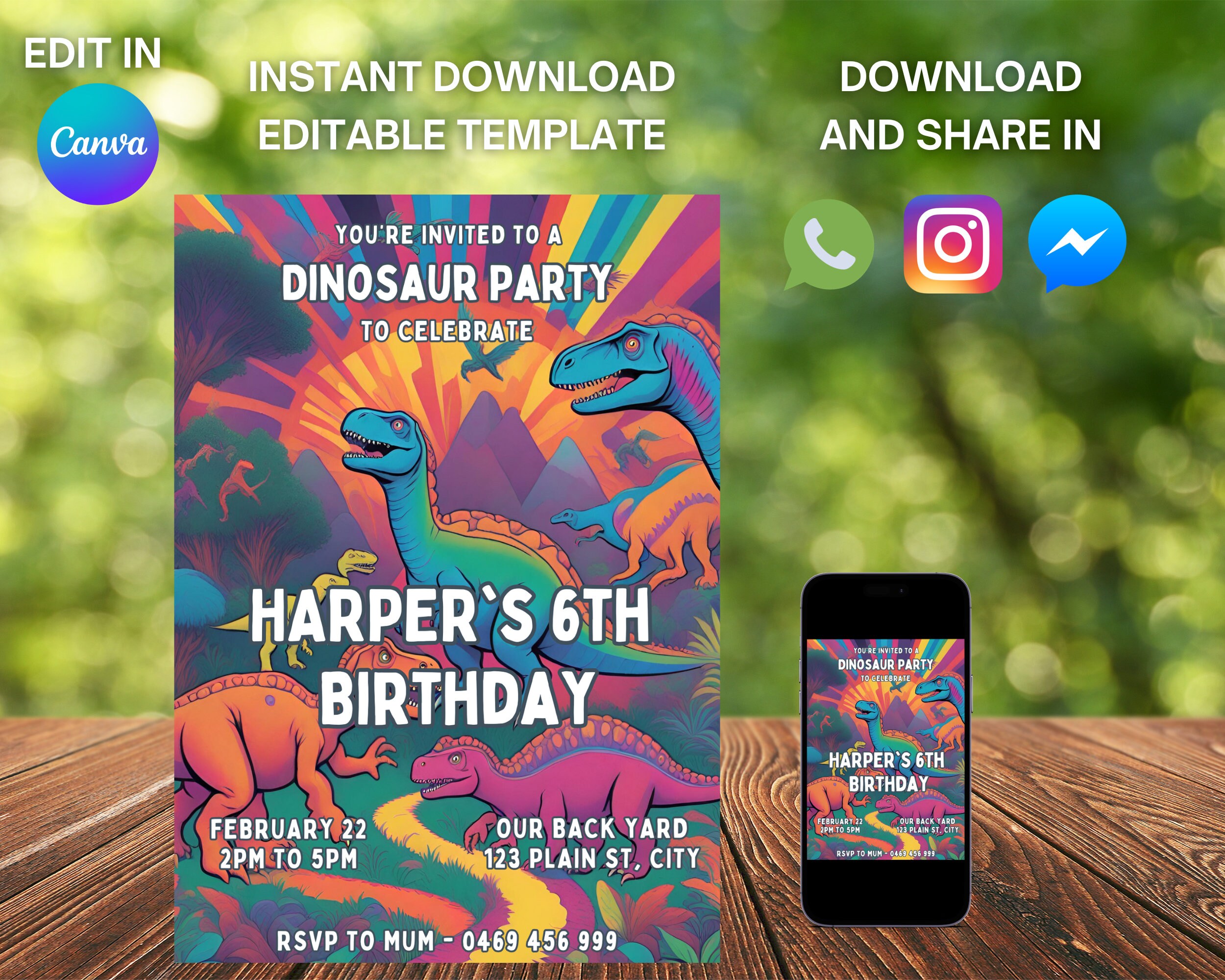 Dinosaur Birthday Invitation, Canva Editable Template, Kids Party ...