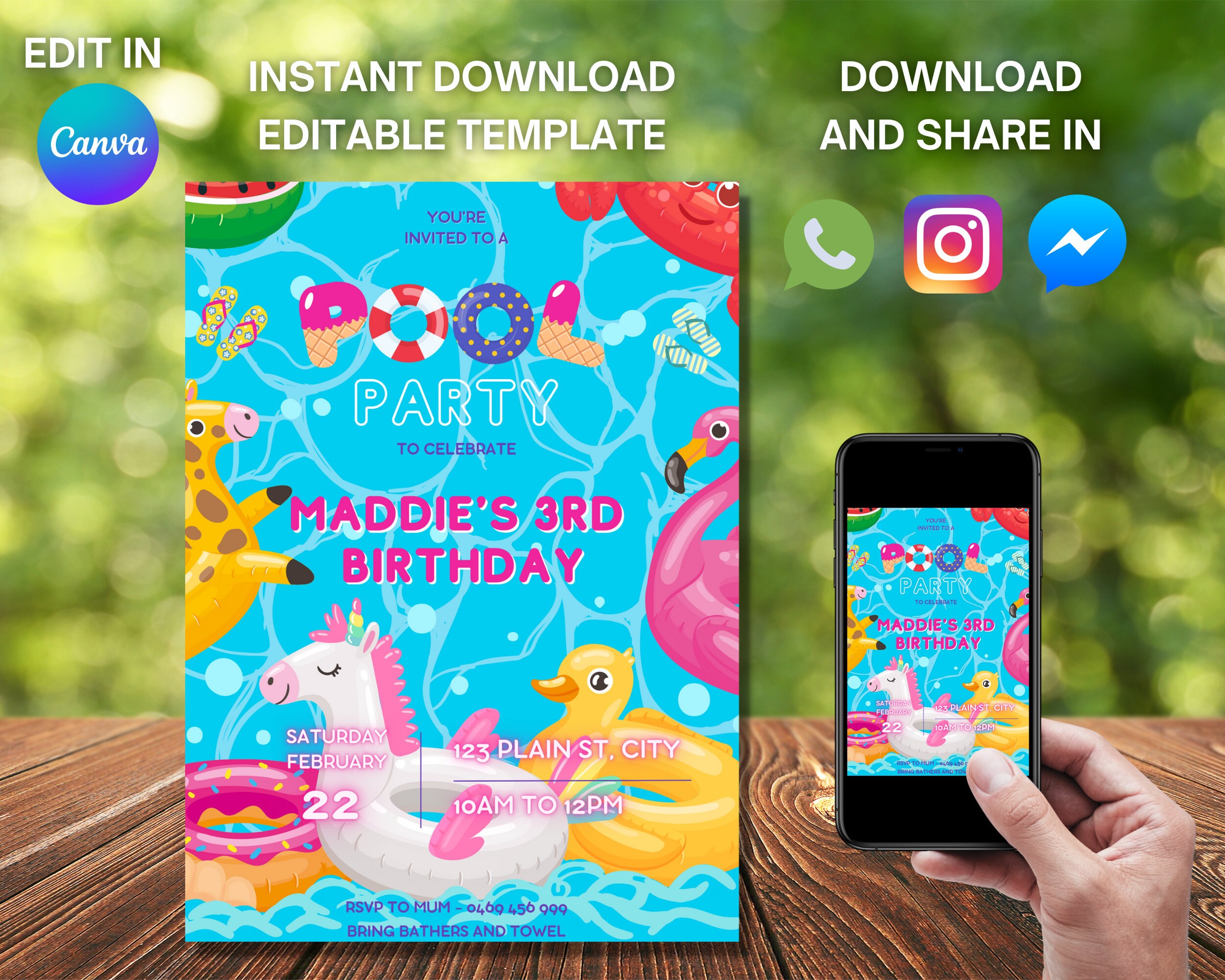 Kids Pool Party Birthday Invitation, Canva Editable Template, Pool ...