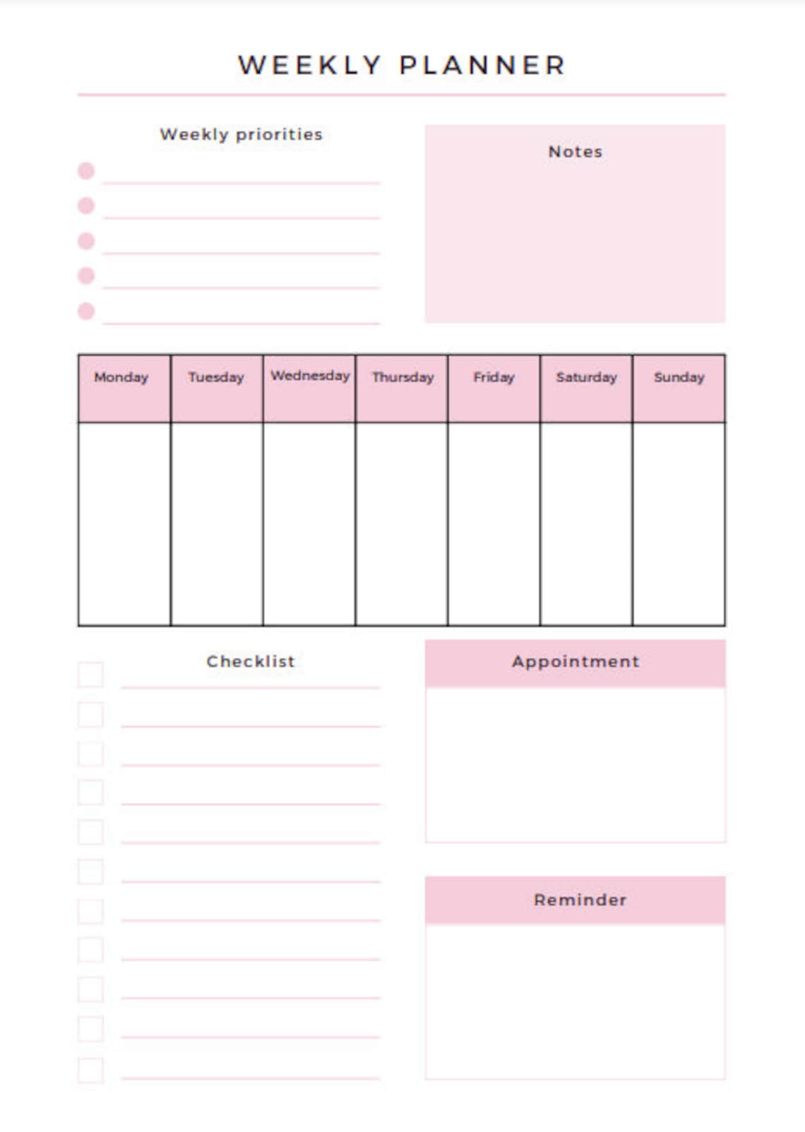 Printable Weekly Planner, Four Different Colors, Pink, Blue, Green ...
