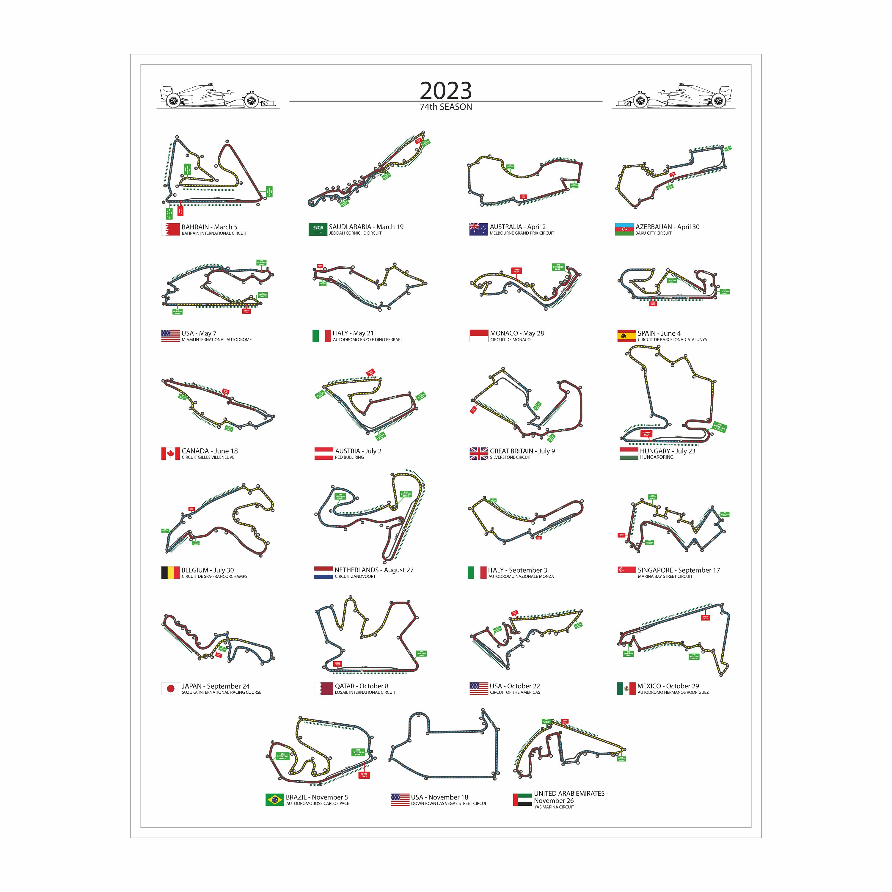 Formula 1 2023 Calendar, Printable F1 2023 Calendar, Formula 1 Circuits ...
