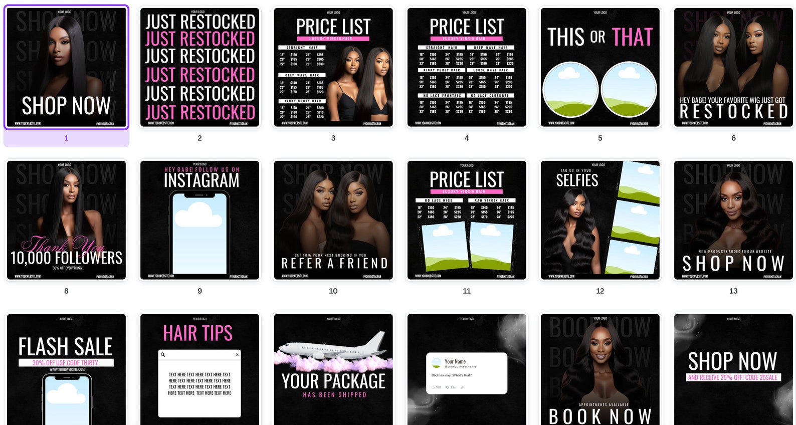 20 IG Hair Templates | Editable Canva DIY Hair Price List Flyer, Social ...