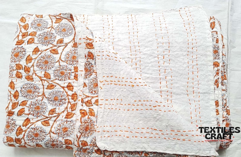 Orange Floral Block Print Kantha Quilt: Handmade Indian Cotton Bed ...