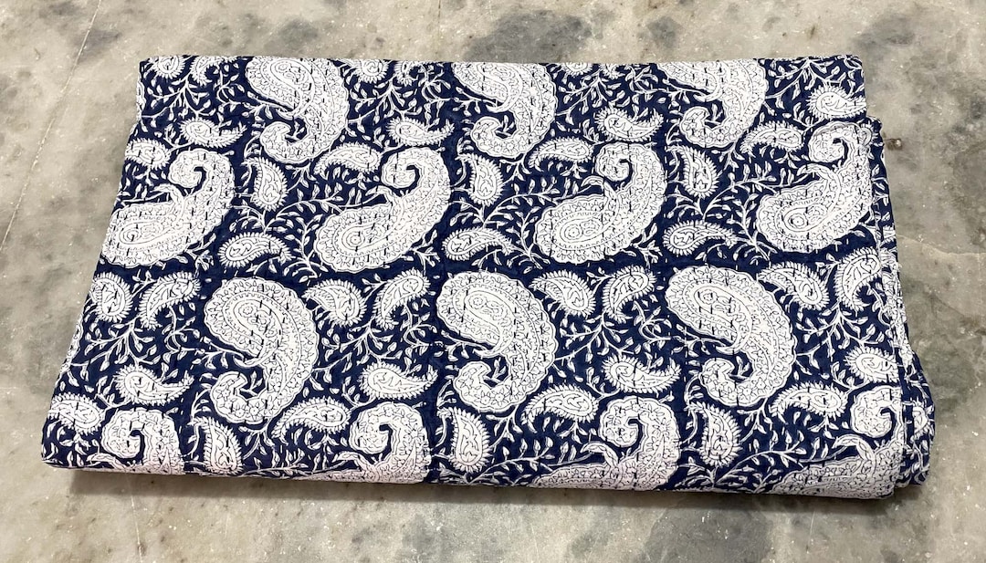 Indian Paisley Print Kantha Quilt, Block Print Navy Blue Cotton Kantha ...