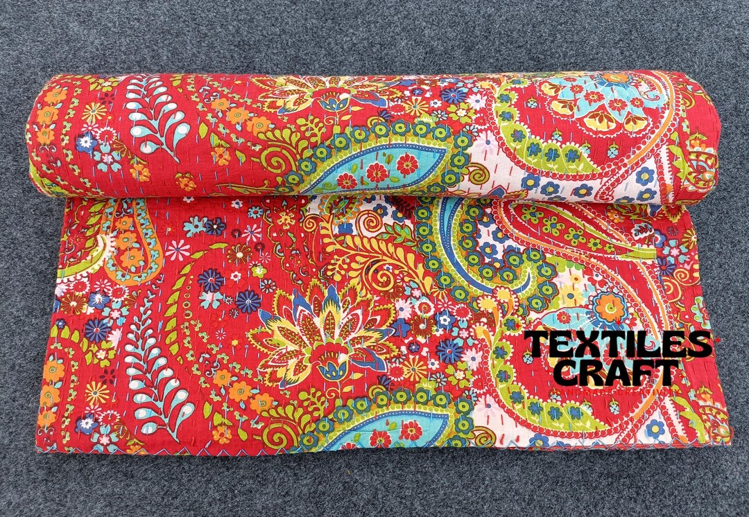 Red Paisley Kantha Quilt: Handmade Indian Cotton Bedspread - Etsy
