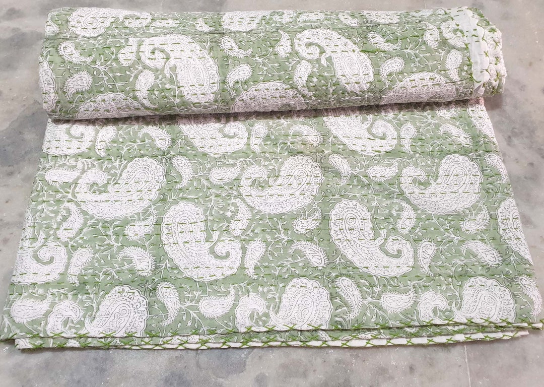Indian Paisley Kanta Block Print Bedspread, King/queen/twin Size Cotton ...