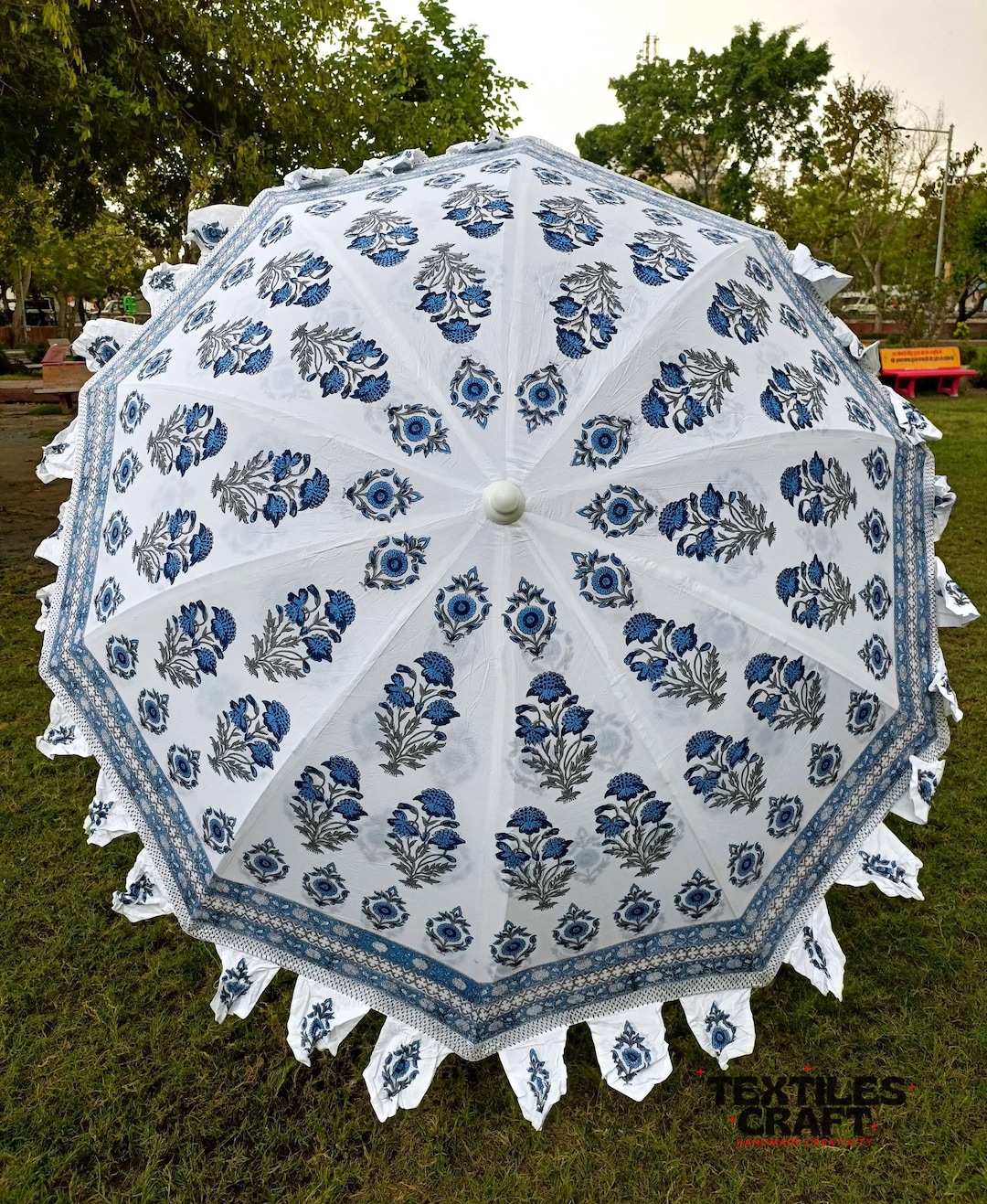 Blue Block Print Cotton Garden Umbrella: 72" Bohemian Sun Shade Patio ...