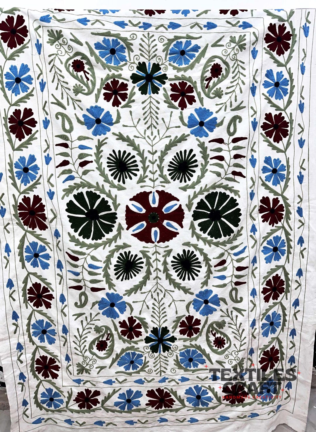 Suzani Embroidered White Bedspread – Handmade Ethnic Bedding ...