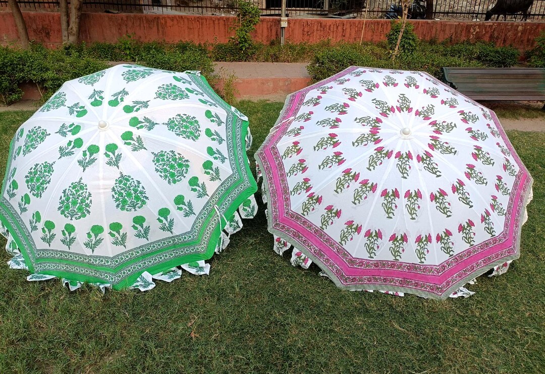 Hand Block Printed Cotton Parasol: Pink & Green Indian Garden Umbrella ...