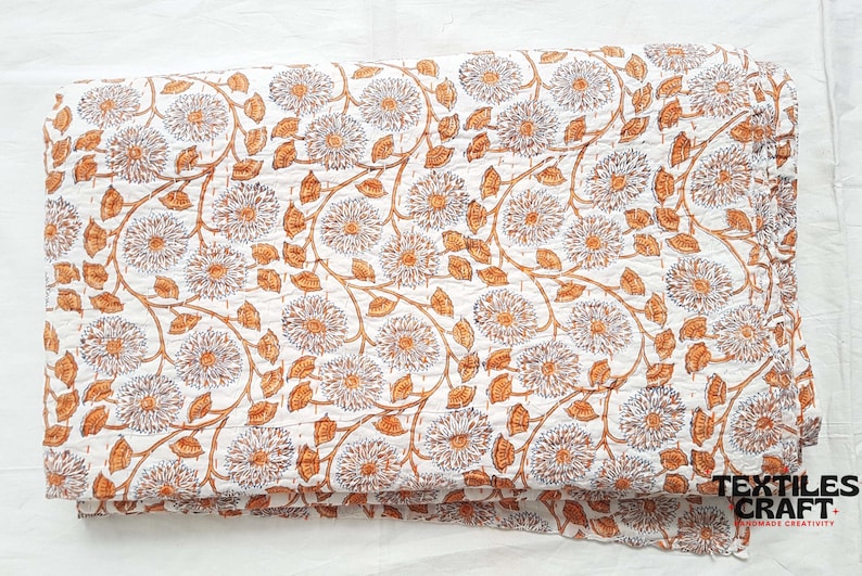 Orange Floral Block Print Kantha Quilt: Handmade Indian Cotton Bed ...
