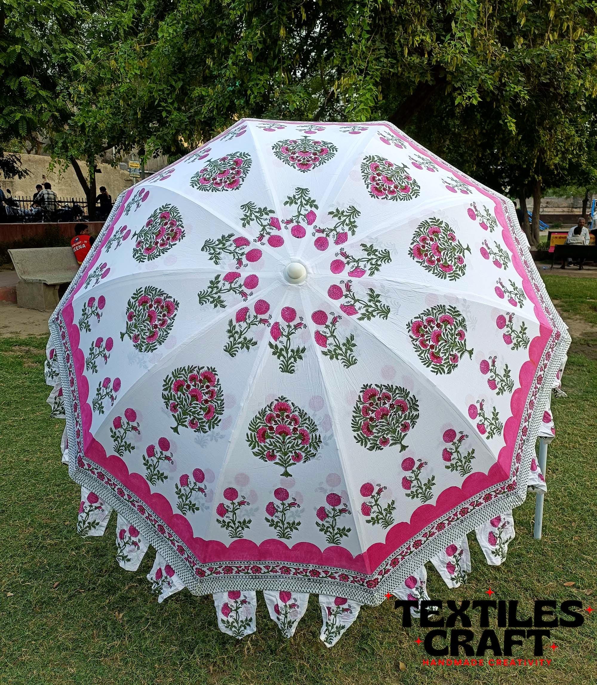 Pink Floral Block Print Garden Umbrella: Boho Patio Parasol Big Size ...