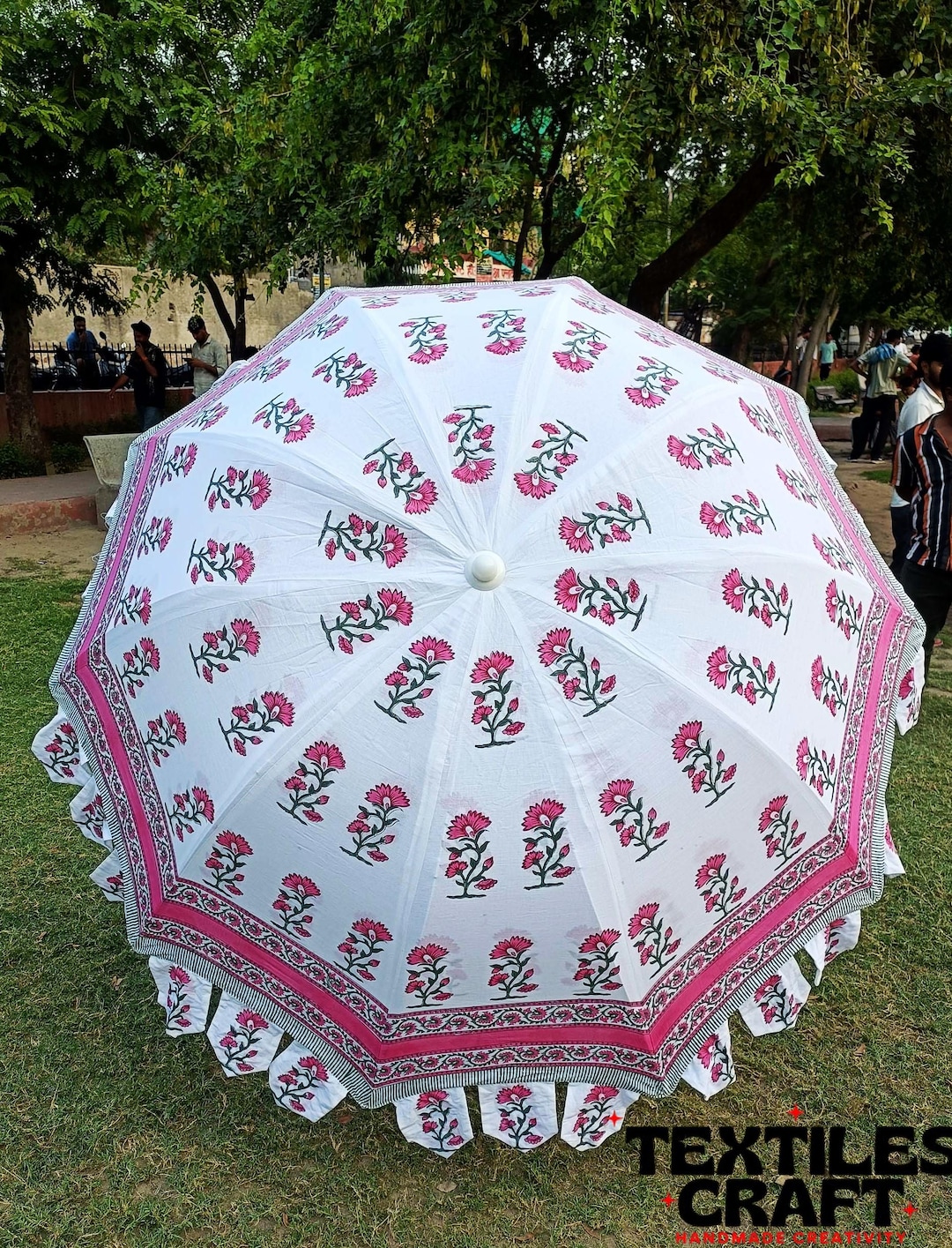 Pink Hand Block Printed Cotton Umbrella: Bohemian Garden Patio Parasol ...