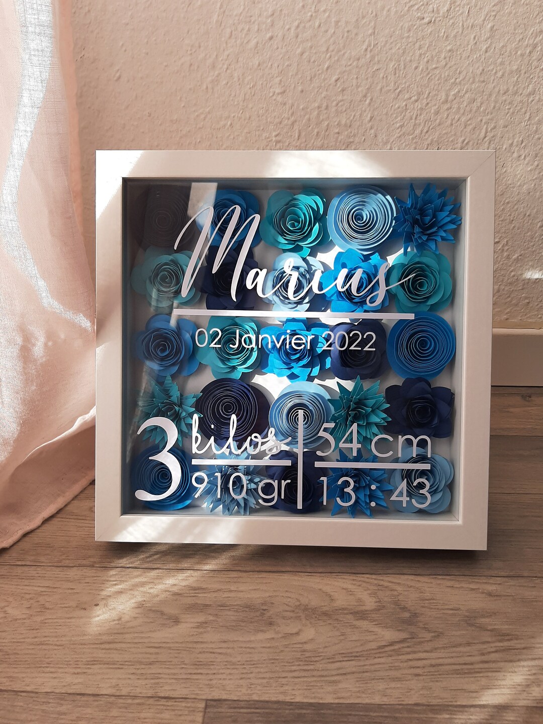 Ombré BLUE Birth Frame, Personalized Frame, Child's Room, Paper Flower ...