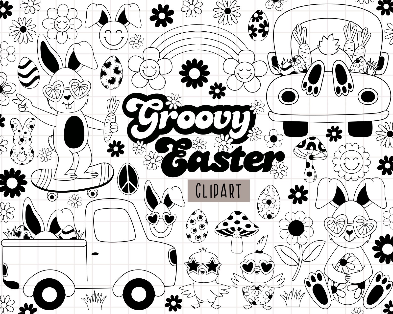 Retro Hippie, Easter Groovy, Groovy Bunny Clipart, Black and White ...
