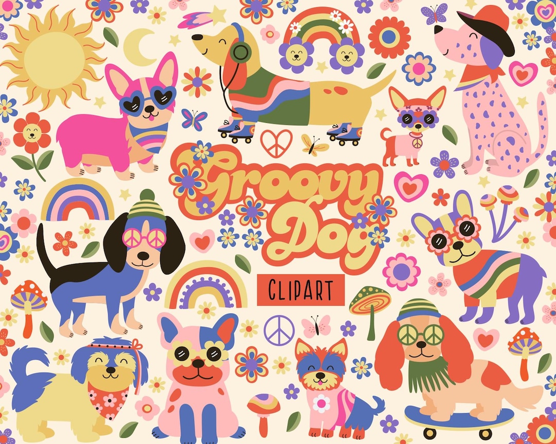 Hippy Dog Clipart, Whimsical Dogs Clip Art, Groovy Retro Dogs Clipart ...
