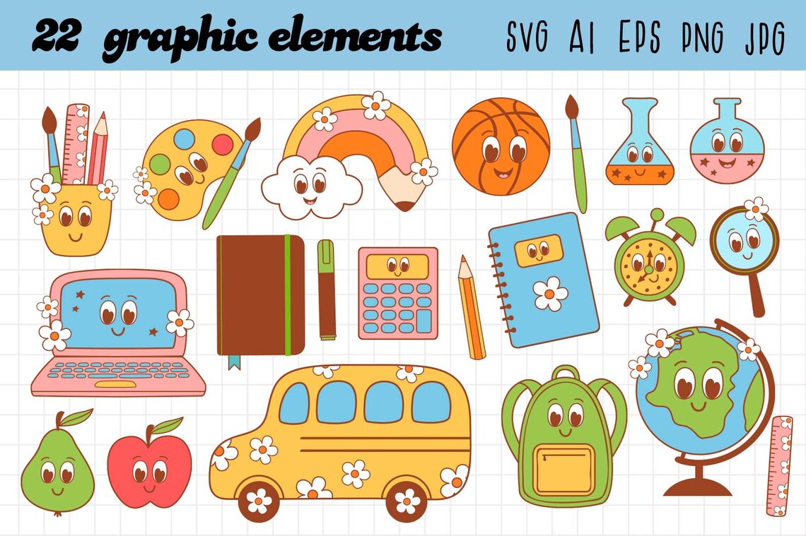 Groovy School Clipart, Retro Back to School, Education Clipart, School ...