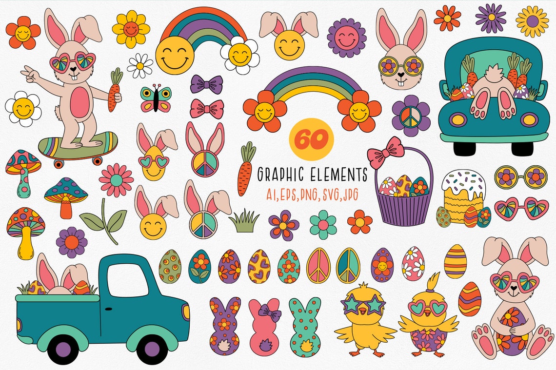 Retro Hippie, Easter Groovy, Groovy Bunny Clipart, Hippie Chick SVG ...