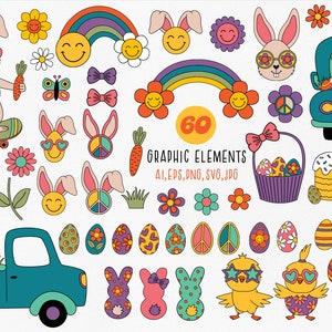 Retro Hippie, Easter Groovy, Groovy Bunny Clipart, Hippie Chick SVG ...