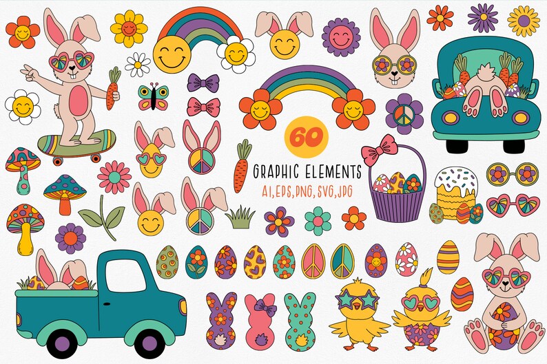 Retro Hippie, Easter Groovy, Groovy Bunny Clipart, Hippie Chick SVG ...
