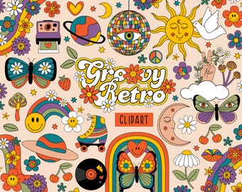 Retro Vibes Digital Clipart Set, Black and White, Groovy Hippie, Retro ...