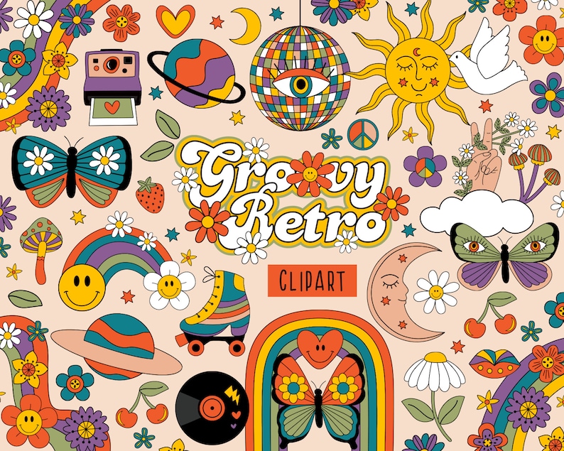 Retro Vibes Digital Clipart Set Retro 60s 70s Groovy Hippie - Etsy