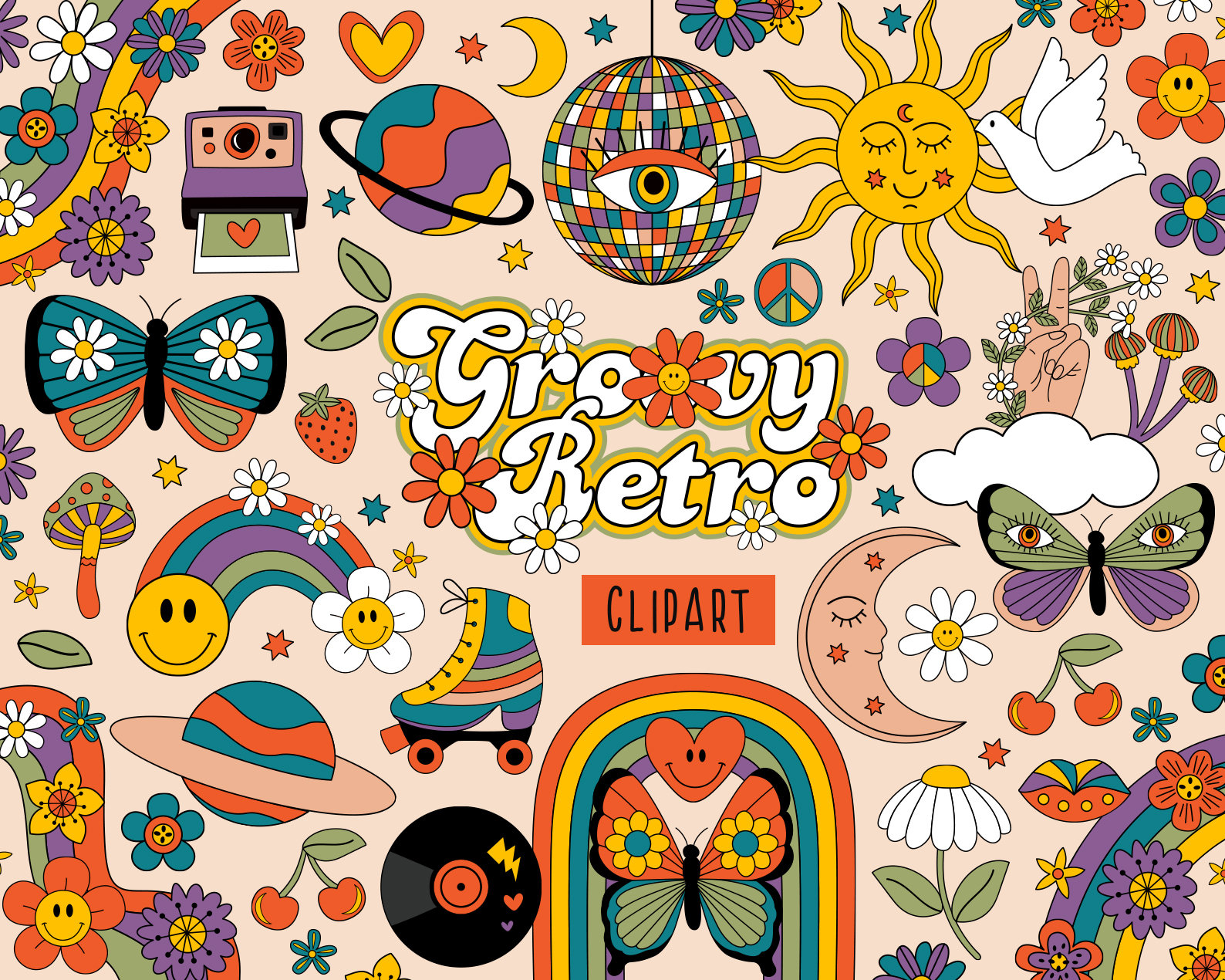 Retro Vibes Digital Clipart Set, Retro 60s 70s, Groovy Hippie, Retro ...